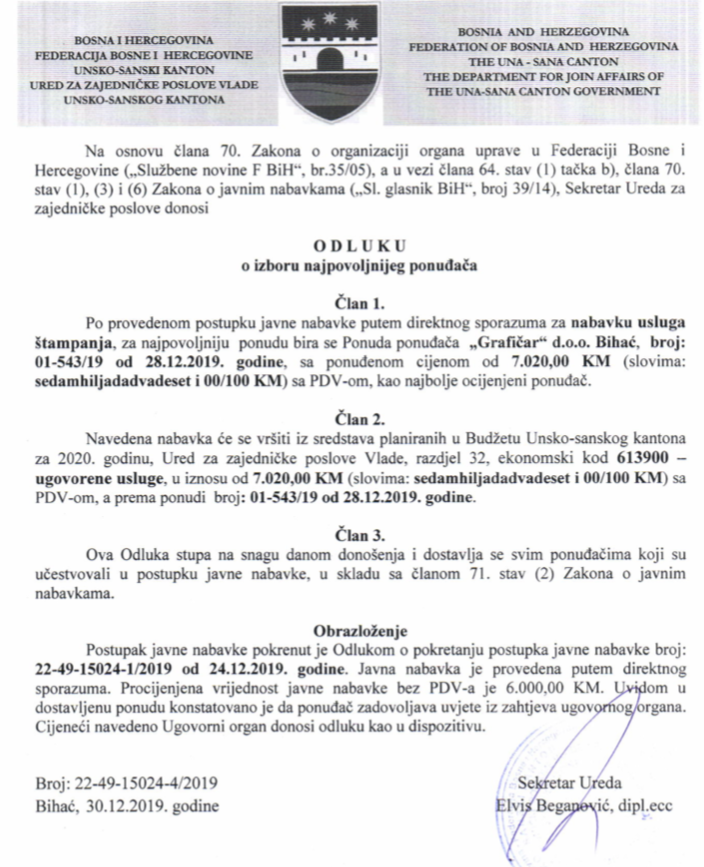 Odluka o izboru najpovoljnijeg ponuđača - VLADA USK